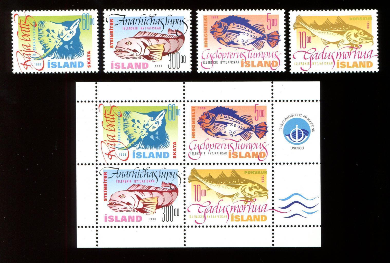 Почтовый блок и марки. Рыбы 1998 г. Исландия (М36)